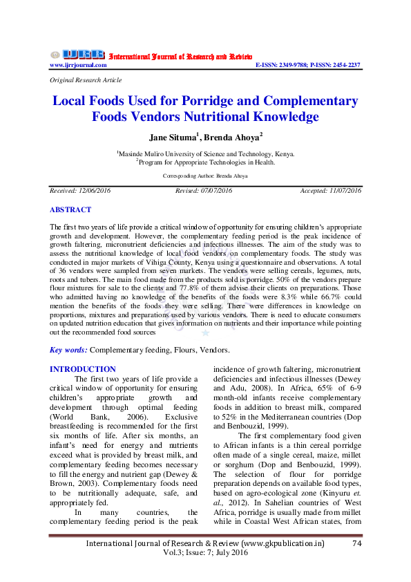 (PDF) Local Foods Used for Porridge and Complementary Foods Vendors ...