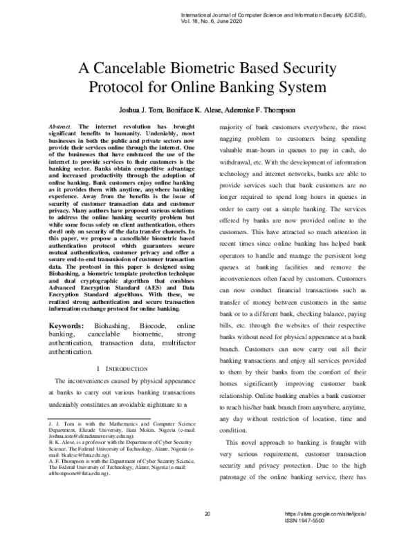 (PDF) A Cancelable Biometric Based Security Protocol for Online Banking System