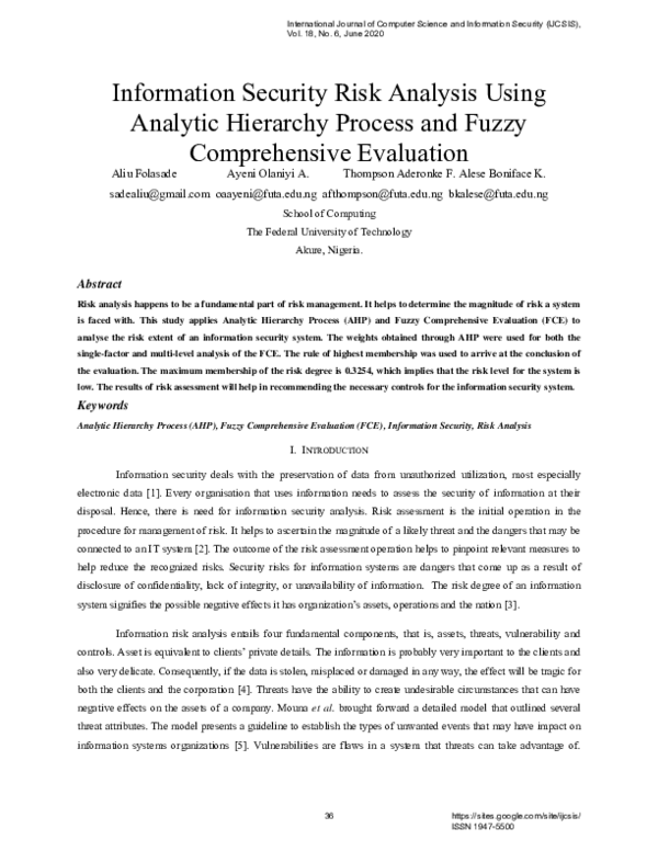 Pdf Information Security Risk Analysis Using Analytic Hierarchy Process And Fuzzy
