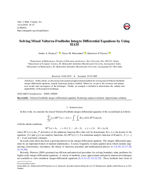 Pdf Solving Mixed Volterra Fredholm Integro Differential Equations By