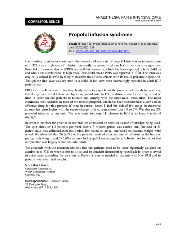 (PDF) Propofol infusion syndrome