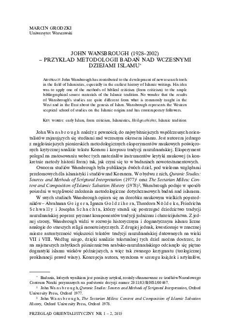 (PDF) John Wansbrough (1928-2002) – Przykład metodologii badań nad ...