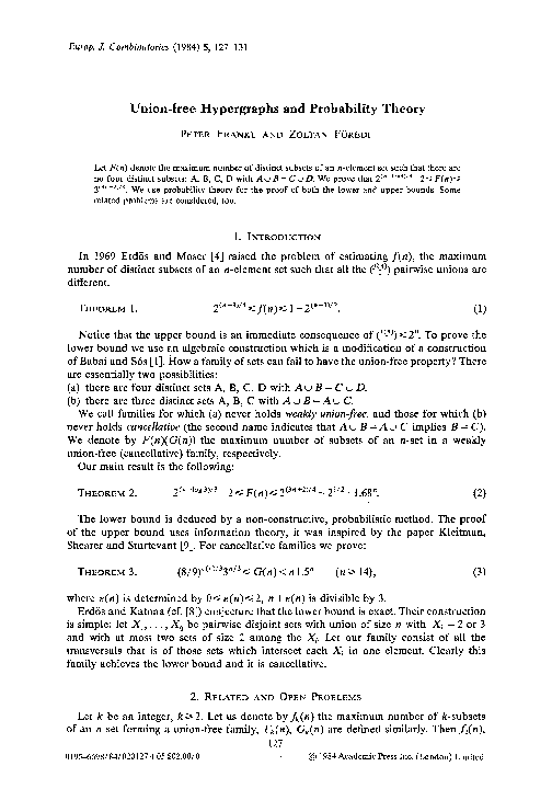 (PDF) Union - free Hypergraphs and Probability Theory