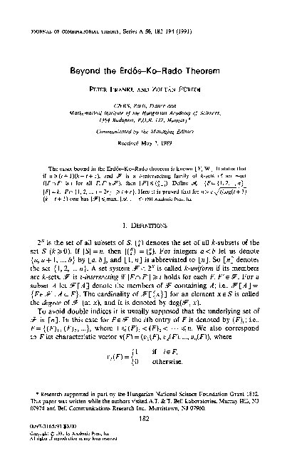 (PDF) Beyond the Erdős-Ko-Rado theorem | Peter Frankl - Academia.edu