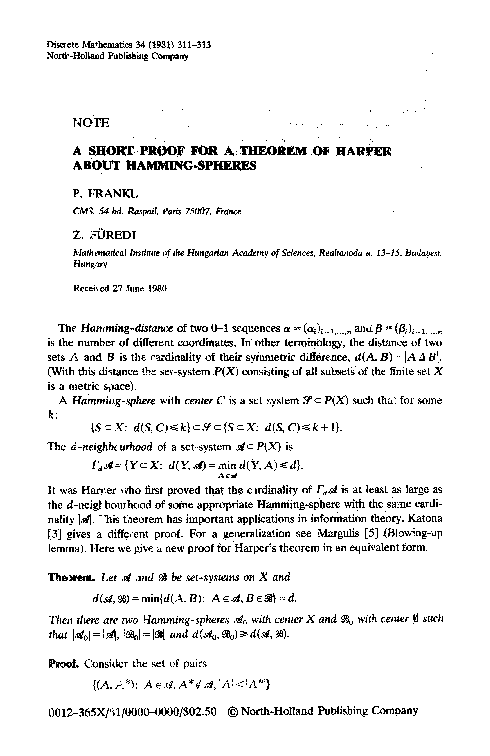 (PDF) A short proof for a theorem of Harper about Hamming-spheres