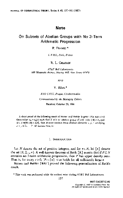 Pdf On Subsets Of Abelian Groups With No 3 Term Arithmetic Progression