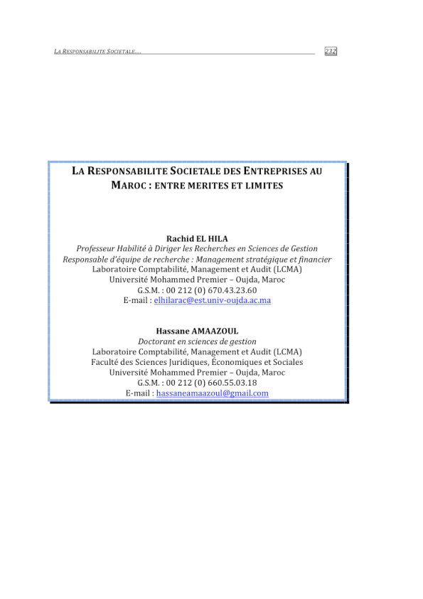 (PDF) La RSE au Maroc : entre mérites et limites