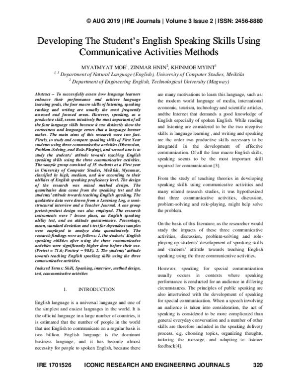 (PDF) Developing The Student's English Speaking Skills Using Communicative Activities Methods