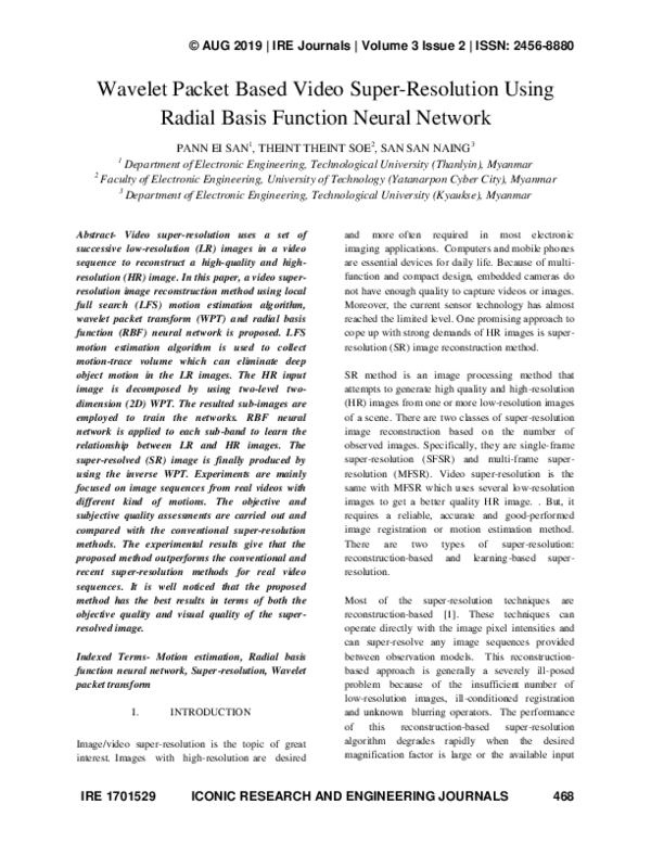 Pdf Wavelet Packet Based Video Super Resolution Using Radial Basis Function Neural Network