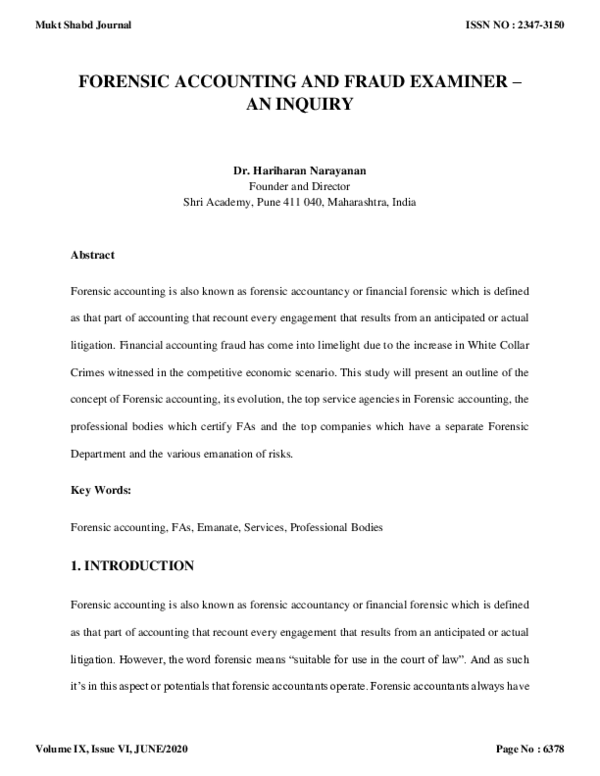 (PDF) FORENSIC ACCOUNTING AND FRAUD EXAMINER - AN INQUIRY
