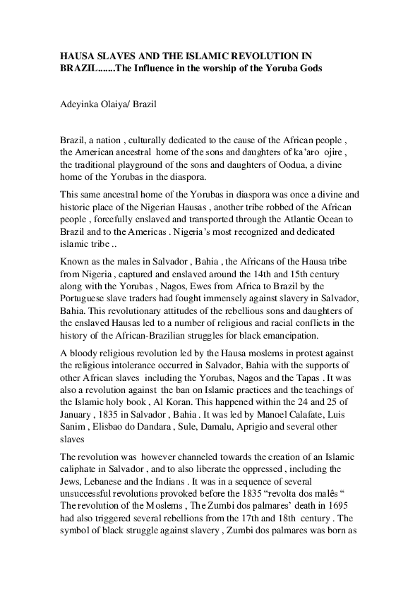 (PDF) HAUSA SLAVES AND THE ISLAMIC REVOLUTION IN BRAZIL.......The ...