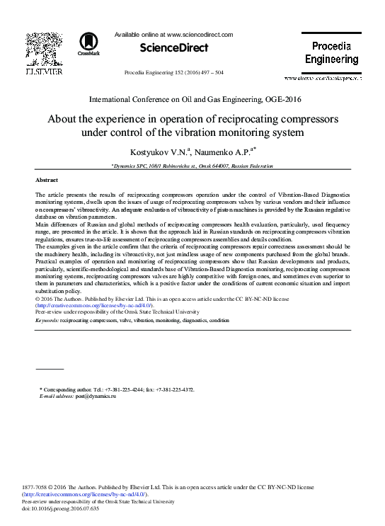 (PDF) About the Experience in Operation of Reciprocating Compressors under Control of the ...