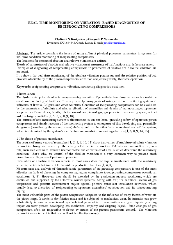 Pdf Real Time Monitoring On Vibration Based Diagnostics Of Reciprocating Compressors