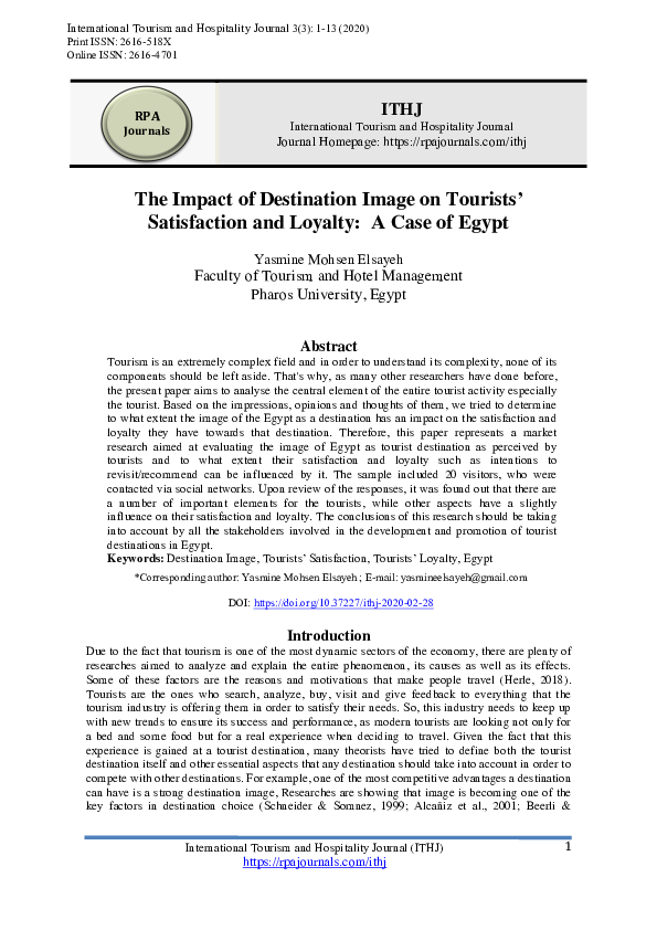 Pdf The Impact Of Destination Image On Tourists Satisfaction And Loyalty A Case Of Egypt