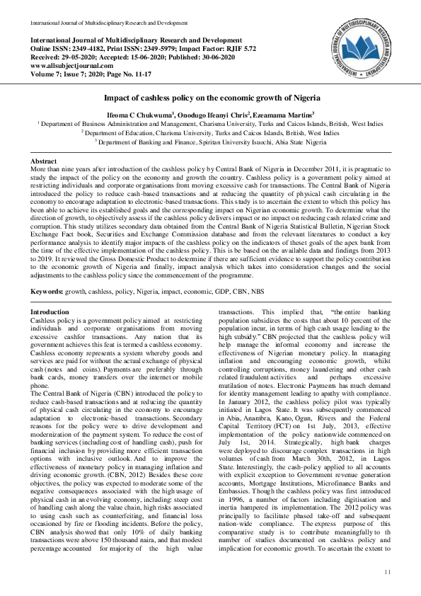 (PDF) Impact of cashless policy on the economic growth of Nigeria