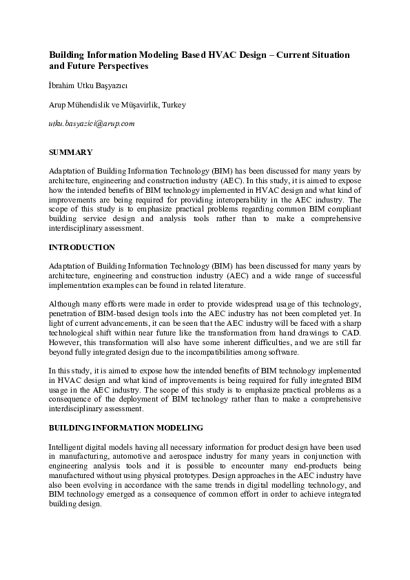 (PDF) Building Information Modeling Based HVAC Design -Current ...