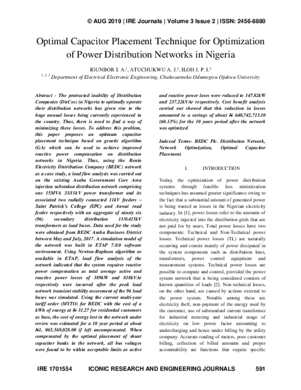 Pdf Optimal Capacitor Placement Technique For Optimization Of Power Distribution Networks In