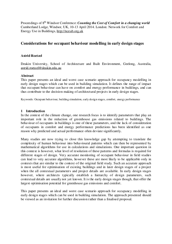 Pdf Considerations For Occupant Behaviour Modelling In Early Design