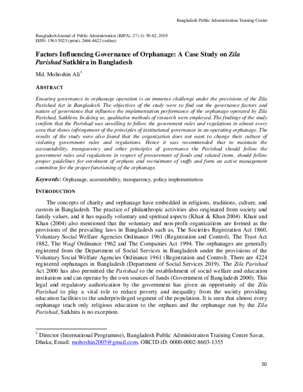 (PDF) Factors Influencing Governance of Orphanage: A Case Study on Zila ...