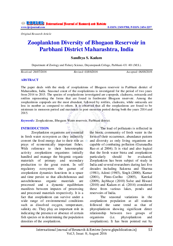 (PDF) Zooplankton Diversity of Bhogaon Reservoir in Parbhani District ...