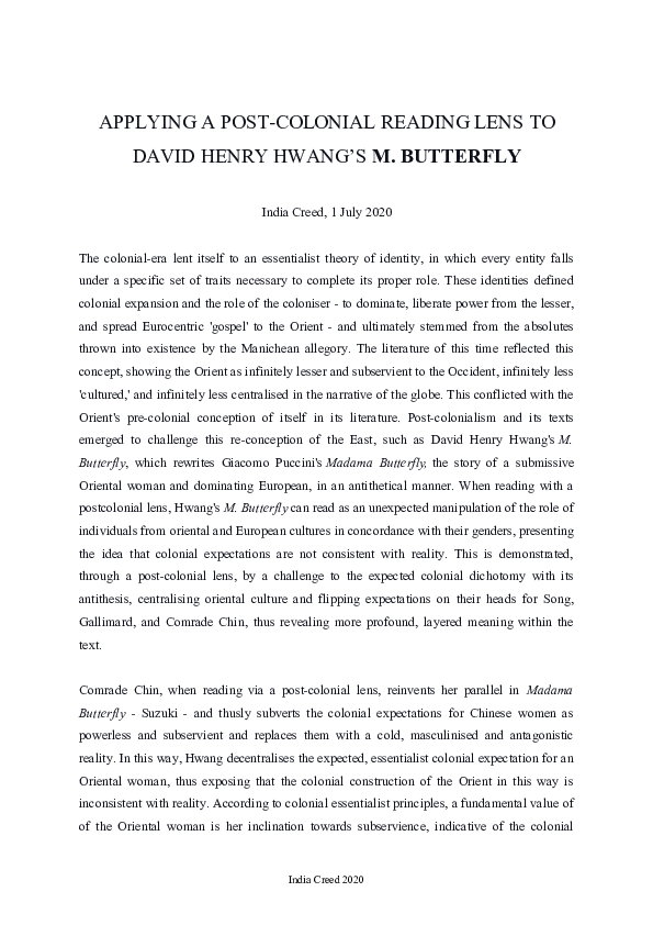 (DOC) M. Butterfly and the Post-colonial Lens