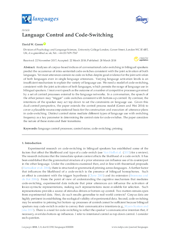 Pdf Language Control And Code Switching