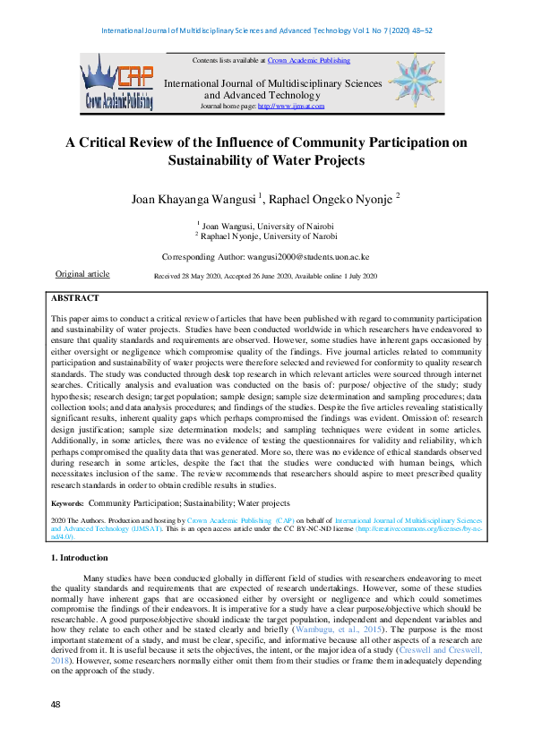(PDF) A Critical Review of the Influence of Community Participation on ...