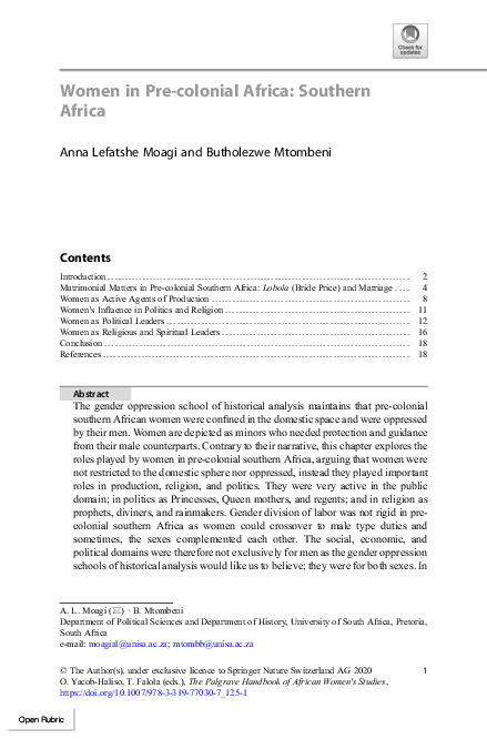 (PDF) Women in Pre-colonial Africa: Southern Africa