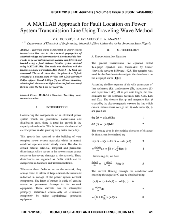 Pdf A Matlab Approach For Fault Location On Power System Transmission Line Using Traveling