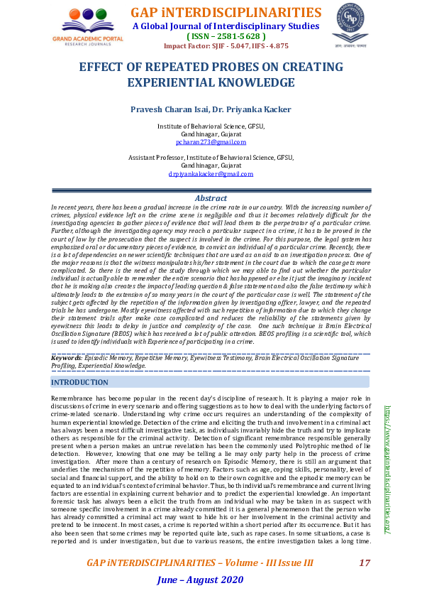 (PDF) GAP iNTERDISCIPLINARITIES A Global Journal of Interdisciplinary Studies EFFECT OF REPEATED ...