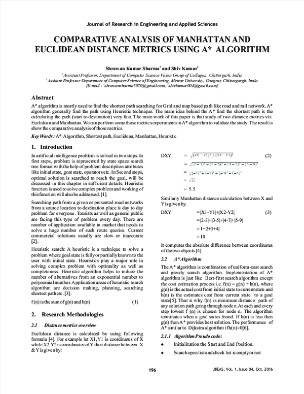 (PDF) COMPARATIVE ANALYSIS OF MANHATTAN AND EUCLIDEAN DISTANCE METRICS USING A* ALGORITHM 1 2