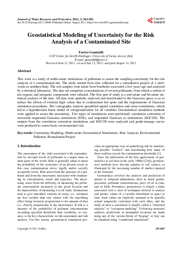 (PDF) Geostatistical Modeling of Uncertainty for the Risk Analysis of a Contaminated Site