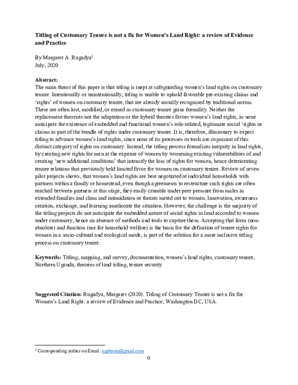 (PDF) Titling of Customary Tenure is not a fix for Women's Land Right ...