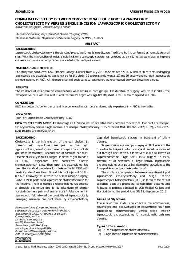 (PDF) COMPARATIVE STUDY BETWEEN CONVENTIONAL FOUR PORT LAPAROSCOPIC CHOLECYSTECTOMY VERSUS ...