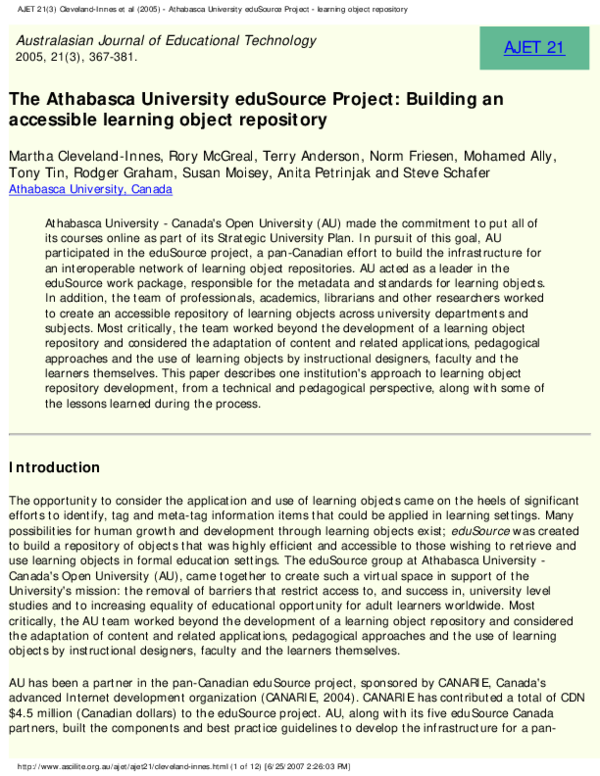 (PDF) The Athabasca University eduSource Project: Building an accessible learning object repository