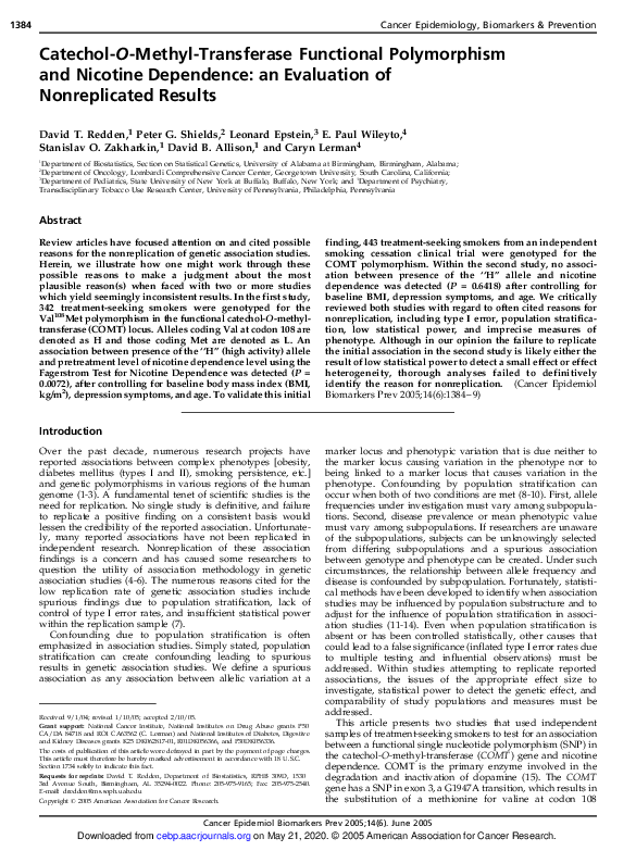 (PDF) Catechol-O-Methyl-Transferase Functional Polymorphism and ...