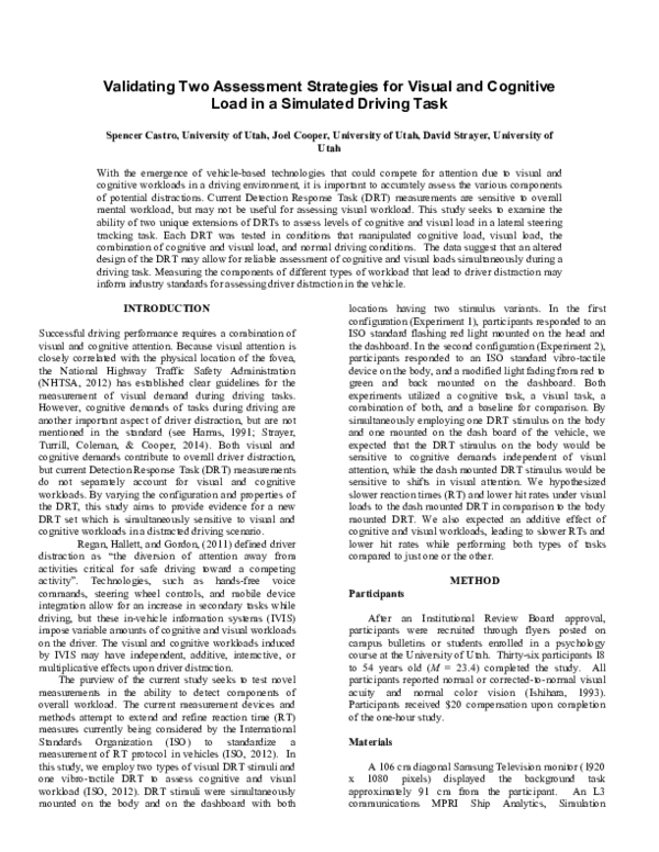 (PDF) Validating Two Assessment Strategies for Visual and Cognitive Load in a Simulated Driving Task