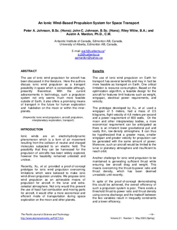 (PDF) An Ionic Wind-Based Propulsion System for Space Transport