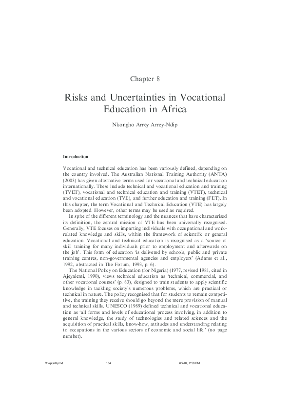 (PDF) Risks and Uncertainties in Vocational Education in Africa Nkongho Arrey Arrey-Ndip
