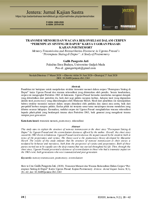 (PDF) Transmisi Memori dan Wacana Rekonsiliasi dalam Cerpen “Perempuan ...