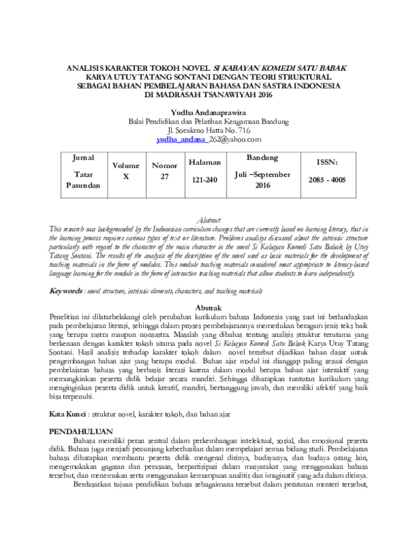 (PDF) ANALISIS KARAKTER TOKOH NOVEL SI KABAYAN KOMEDI SATU BABAK KARYA ...