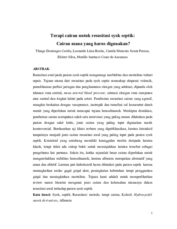 (DOC) Terapi cairan untuk resusitasi syok septik: Cairan mana yang ...