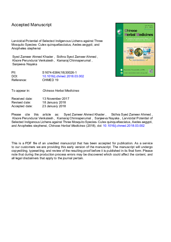 (PDF) Larvicidal potential of selected indigenous lichens against three mosquito species–Culex ...