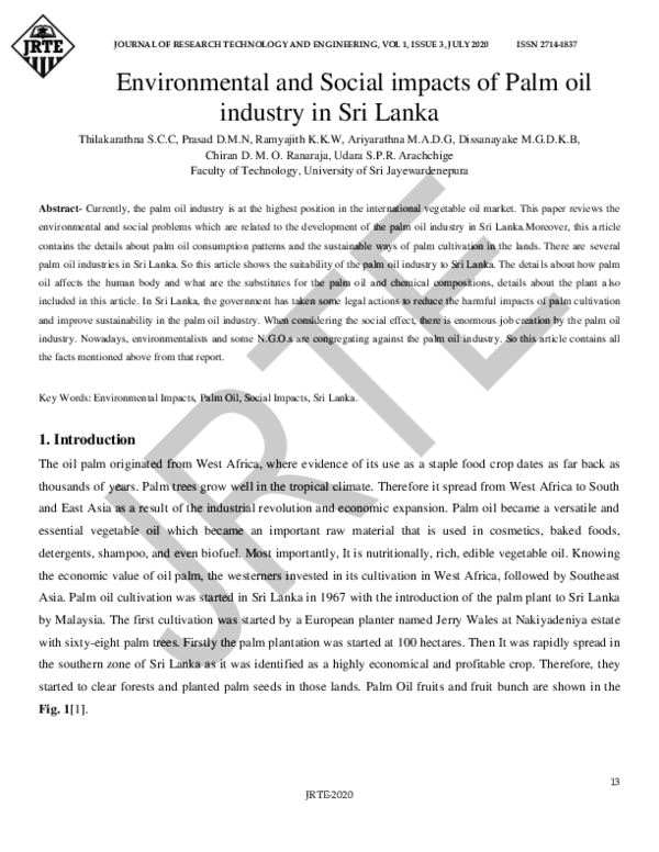 (PDF) Environmental and Social impacts of Palm oil industry in Sri Lanka