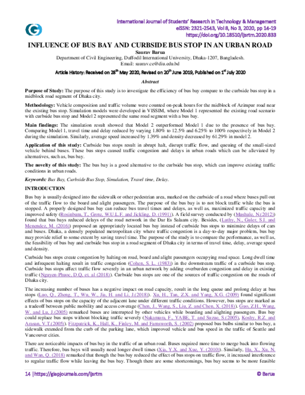(PDF) INFLUENCE OF BUS BAY AND CURBSIDE BUS STOP IN AN URBAN ROAD