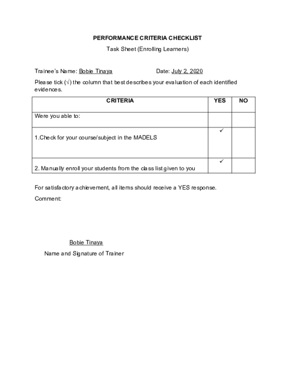 (DOC) PERFORMANCE CRITERIA CHECKLIST Task Sheet (Enrolling Learners