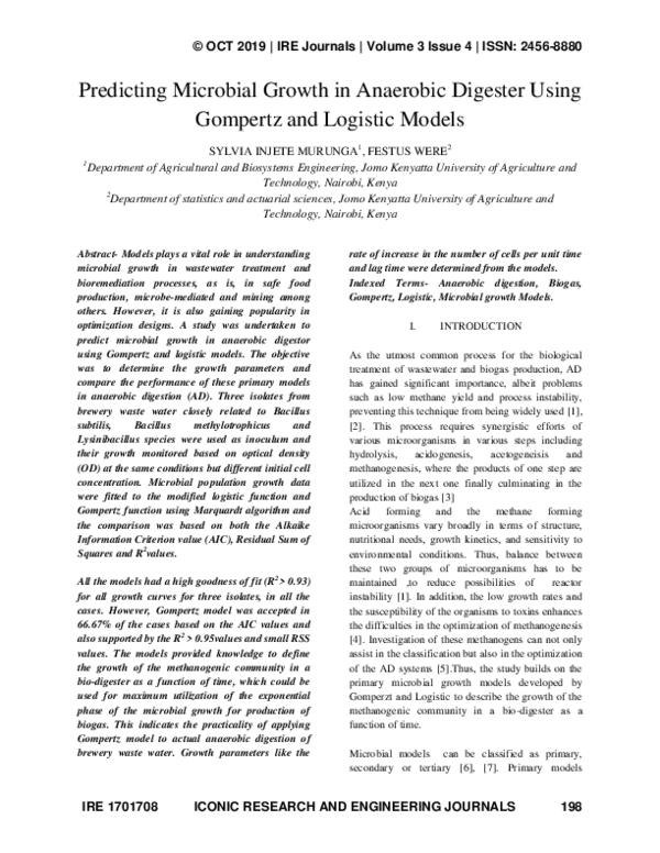 (PDF) Predicting Microbial Growth in Anaerobic Digester Using Gompertz and Logistic Models