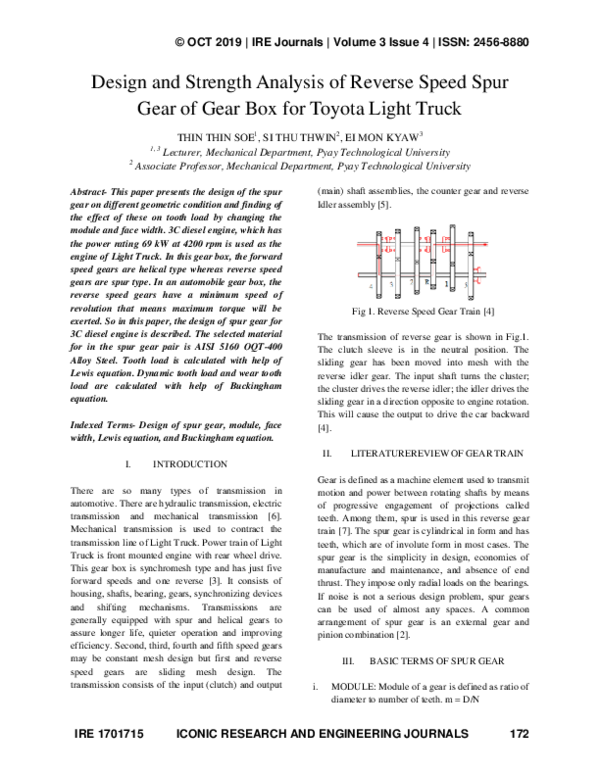 (PDF) Design and Strength Analysis of Reverse Speed Spur Gear of Gear ...