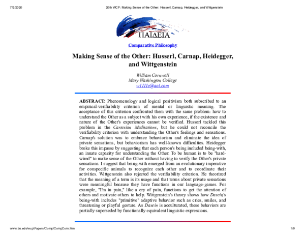 (PDF) Making Sense of the Other: Husserl, Carnap, Wittgenstein, and ...