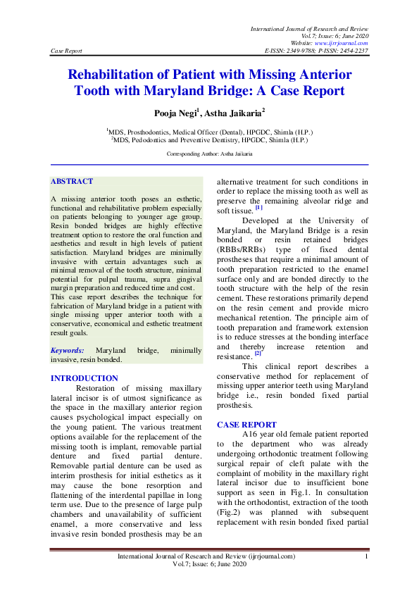 (PDF) Rehabilitation of Patient with Missing Anterior Tooth with ...